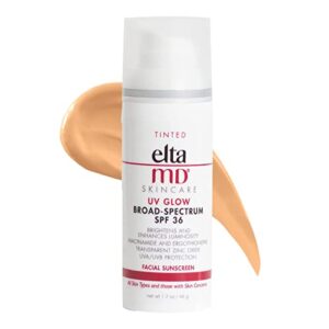 eltamd uv glow spf 36 tinted sunscreen moisturizer face lotion, brightens and hydrates for glowy skin, broad spectrum mineral face sunscreen with zinc oxide, non greasy, oil free, 1.7 oz pump