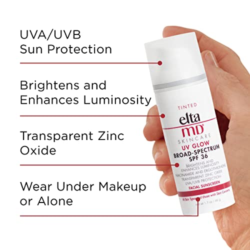 EltaMD UV Glow SPF 36 Tinted Sunscreen Moisturizer Face Lotion, Brightens and Hydrates for Glowy Skin, Broad Spectrum Mineral Face Sunscreen with Zinc Oxide, Non Greasy, Oil Free, 1.7 OZ Pump