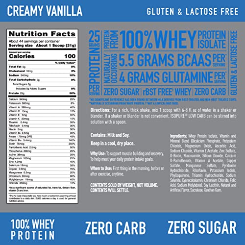 Isopure Creamy Vanilla Whey Isolate Protein Powder with Vitamin C & Zinc for Immune Support, 25g Protein, Zero Carb & Keto Friendly, 3 Pounds (Packaging May Vary)