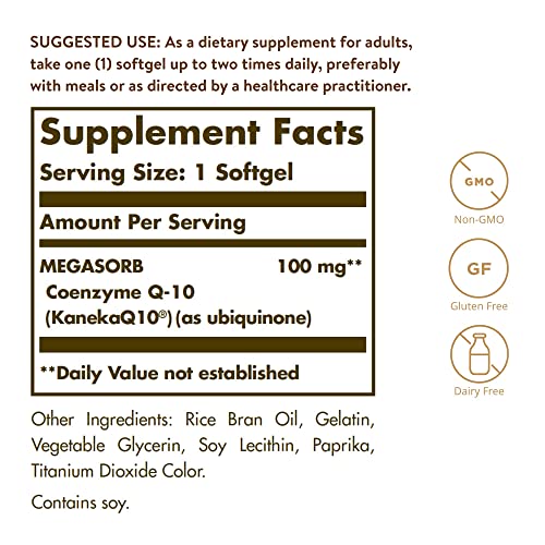 Solgar Megasorb CoQ-10 100 mg, 90 Softgels - Supports Heart Function & Healthy Aging - Coenzyme Q10 Supplement - Enhanced Absorption - Non-GMO, Gluten Free, Dairy Free - 90 Servings