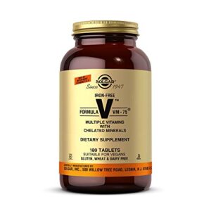 solgar iron-free formula vm-75,multivitamin with chelated minerals – vitamin a, b6, b12, c, d, ebiotin, magnesium, calcium, zinc – vegan, gluten & dairy free, kosher – 180 count(pack of 1)