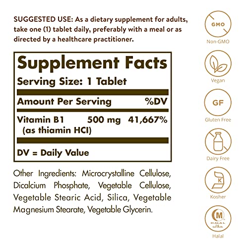 Solgar Vitamin B1 (Thiamin) 500 mg, 100 Tablets - Energy Metabolism, Healthy Nervous System, Overall Well-Being - Super Potency - Non-GMO, Vegan, Gluten/Dairy Free - 100 Servings