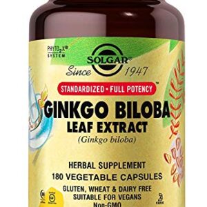 Solgar Ginkgo Biloba Leaf Extract, 180 Vegetable Capsules - Brain Health & Mental Alertness - Standardized Full Potency (SFP) - Non-GMO, Vegan, Gluten Free, Dairy Free, Kosher, Halal - 180 Servings