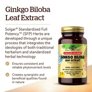 Solgar Ginkgo Biloba Leaf Extract, 180 Vegetable Capsules - Brain Health & Mental Alertness - Standardized Full Potency (SFP) - Non-GMO, Vegan, Gluten Free, Dairy Free, Kosher, Halal - 180 Servings