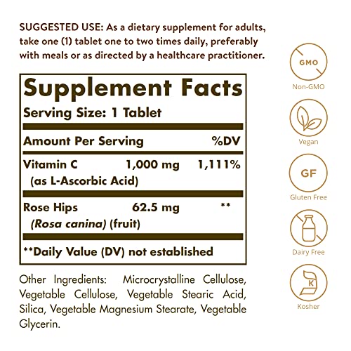 Solgar Vitamin C 1000 mg with Rose Hips, 250 Tablets - Antioxidant & Immune Support - Overall Health - Supports Healthy Skin & Joints - Non GMO, Vegan, Gluten Free, Dairy Free, Kosher - 250 Servings