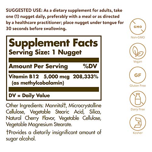 Solgar Methylcobalamin (Vitamin B12) 5000 mcg, 60 Nuggets - Supports Energy Metabolism - Body-Ready, Active Form of B12 - Vitamin B - Non GMO, Vegan, Gluten, Dairy Free, Kosher - 60 Count(Pack of 1)