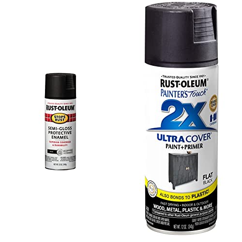 Rust-Oleum 7798830 Stops Rust Spray Paint, 12-Ounce, Semi Gloss Black & 249127 Painter's Touch 2X Ultra Cover, 12 Oz, Flat Black