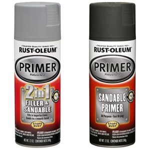 rust-oleum 260510 automotive 2-in-1 filler & sandable primer, 12 ounce (pack of 1), gray & 249418 automotive sandable primer spray paint, 12 fl oz (pack of 1), black