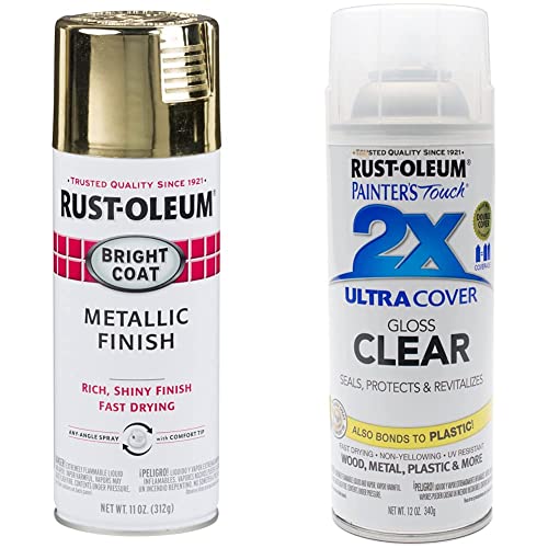 Rust-Oleum 7710830 Stops Rust Bright Coat Metallic Spray Paint, 11 Ounce (Pack of 1) , Gold & 249117 Painter's Touch 2X Ultra Cover, 12 Ounce (Pack of 1), Gloss Clear