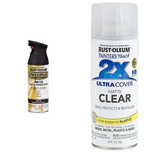 Rust-Oleum 330505 Universal All Surface Spray Paint, 12 oz, Matte Farmhouse Black & 249087 Painter's Touch 2X Ultra Cover, 12 Ounce (Pack of 1), Matte Clear, 12 Fl Oz