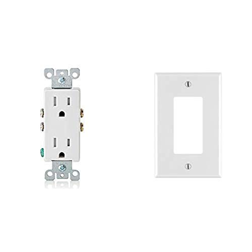 Leviton T5325-WMP 15 Amp 125 Volt, Tamper Resistant, Decora Duplex Receptacle, Straight Blade, Grounding, 10-Pack, White M22-Straight, 3 Wire, Piece AND Gang Decora/GFCI Wallplate, 10-Pack, White