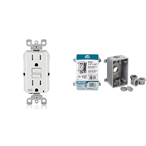 Leviton GFWT1-W Self, Resistant Receptacle, 15-Amp, White & Bell PSB37550GY Single-Gang Weatherproof Three 1/2 in. or 3/4 in, Gray