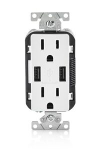 leviton t5632-bw r02-t5632-0bw 2-port combination duplex receptacle with usb charger, 125 vac, 15 a, 2 pole, 3 wire, white