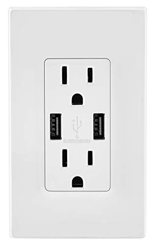 Leviton T5632-BW R02-T5632-0Bw 2-Port Combination Duplex Receptacle with USB Charger, 125 Vac, 15 A, 2 Pole, 3 Wire, White