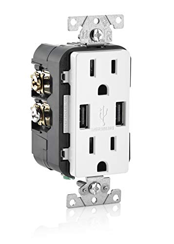 Leviton T5632-BW R02-T5632-0Bw 2-Port Combination Duplex Receptacle with USB Charger, 125 Vac, 15 A, 2 Pole, 3 Wire, White