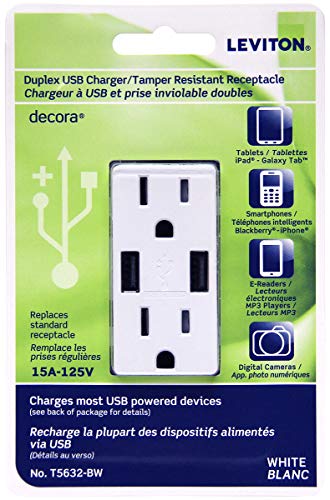 Leviton T5632-BW R02-T5632-0Bw 2-Port Combination Duplex Receptacle with USB Charger, 125 Vac, 15 A, 2 Pole, 3 Wire, White