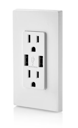 Leviton T5632-BW R02-T5632-0Bw 2-Port Combination Duplex Receptacle with USB Charger, 125 Vac, 15 A, 2 Pole, 3 Wire, White