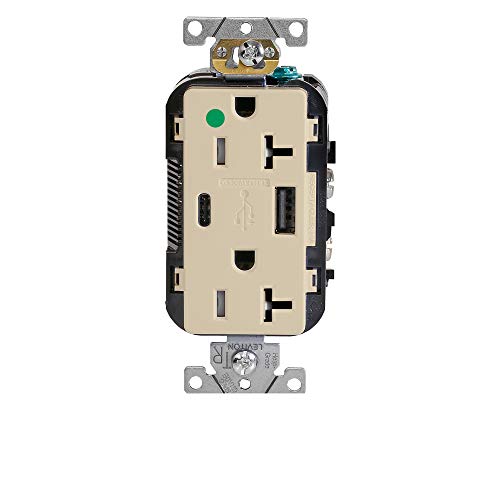 Leviton T5833-HGI Heavy-Duty Hospital Grade, Tamper Resistant, Type A-C USB Charger Receptacles, 20 Amp, Ivory