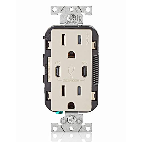 Leviton T5635-T USB Dual Type-C with Power Delivery (PD) In-Wall Charger with 15 Amp, 125 Volt Tamper-Resistant Outlet, Light Almond with Screwless Wallplates, 2-Pack