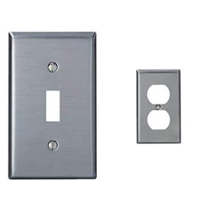 leviton 84001-40 1-gang toggle device switch wallplate, device mount, stainless steel and leviton 84003-40 1-gang duplex device receptacle wallplate, standard size, device mount, stainless steel