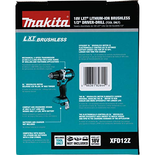 Makita XFD12Z 18V LXT Lithium-Ion Brushless Cordless 1/2" Driver-Drill, Tool Only,