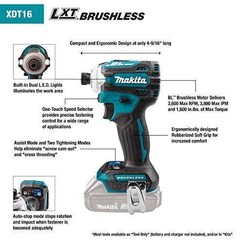 Makita XDT16Z 18V LXT Lithium-Ion Brushless Cordless Quick-Shift Mode 4-Speed Impact Driver, Tool Only