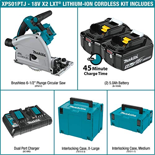 Makita XPS01PTJ 18-Volt X2 LXT Lithium-Ion (36V) Brushless Cordless 6-1/2 inch Plunge Circular Saw Kit (5.0Ah) with 199140-0 39 inch Guide Rail