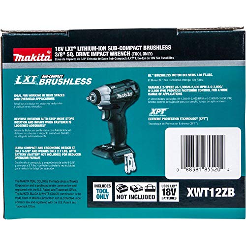 Makita XWT12ZB 18V LXT Lithium-Ion Sub-Compact Brushless Cordless 3/8" Sq. Drive Impact Wrench, Tool Only