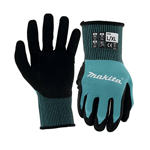 Makita Unisex FitknitÂ™ Makita T 04123 FitKnit Cut Level 1 Nitrile Coated Dipped Gloves Large X Large , Teal/Black, Large X-Large US