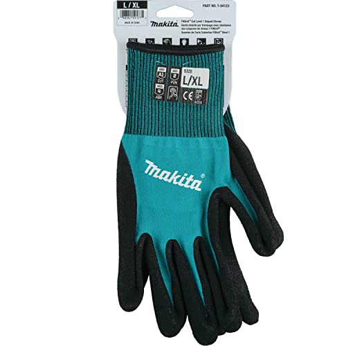 Makita Unisex FitknitÂ™ Makita T 04123 FitKnit Cut Level 1 Nitrile Coated Dipped Gloves Large X Large , Teal/Black, Large X-Large US