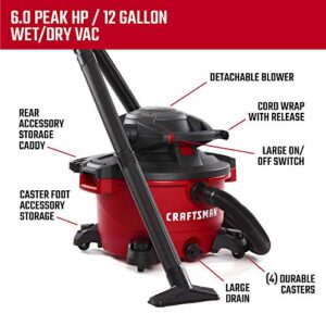 CRAFTSMAN CMXEVBE17606 12 Gallon 6 Peak HP Wet/Dry Vac with Detachable Leaf Blower, Portable Shop Vacuum with Attachments