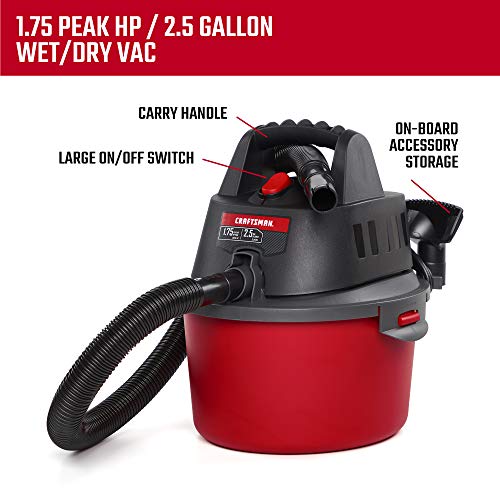 CRAFTSMAN CMXEVBE17250 2.5 Gallon 1.75 Peak HP Wet/Dry Vac, Portable Shop Vacuum with Attachments