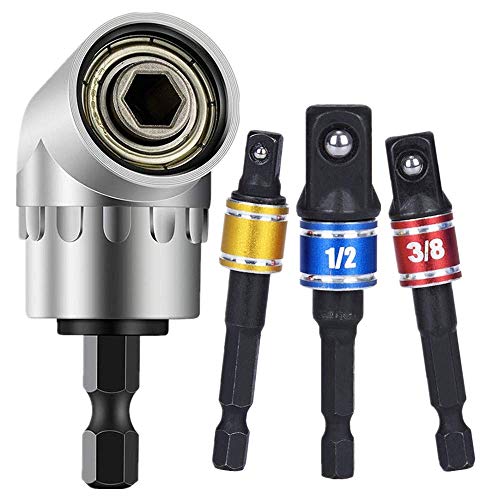 Impact Grade Driver Sockets Adapter Extension Set Drill Bit + Right Angle Driver, 3Pcs 1/4 3/8 1/2" Universal Socket Adapter Set, 105 Degree Right Angle Screwdriver set Drill Hex Bit Socket Adapter