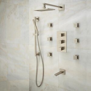 signature hardware 925939 onassis thermostatic shower system with shower head, hand shower, slide bar, bodysprays, shower arm, hose and valve trim – valve included