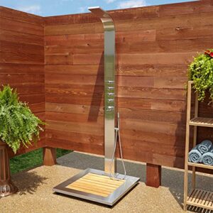 signature hardware 413242 alvin stainless steel thermostatic outdoor shower panel with shower head, hand shower, bodysprays and bamboo tray