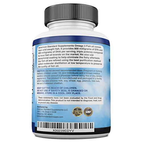 American Standard Supplements Triple Strength Omega-3 Fish Oil – Ultra-Potent Non-GMO Omega-3 Supplement – 2,000mg Fish Oil, 800mg EPA, 600mg DHA for Improved Heart, Joint, Skin Health – 120 Softgels