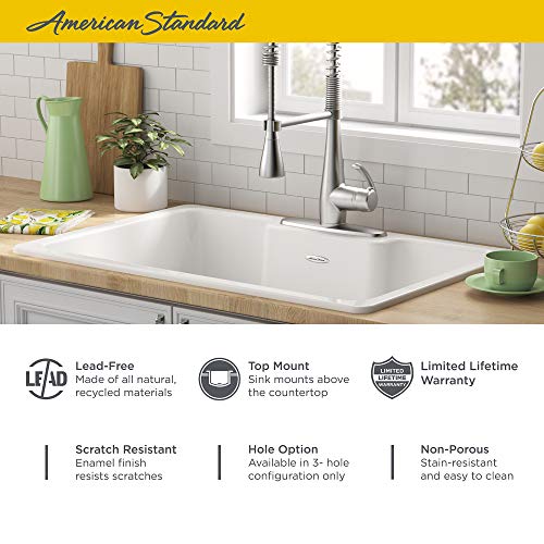 American Standard 77SB33223.308 Quince 33 x 22 Single Bowl Cast Iron Kitchen Sink-3 Holes, Brilliant White