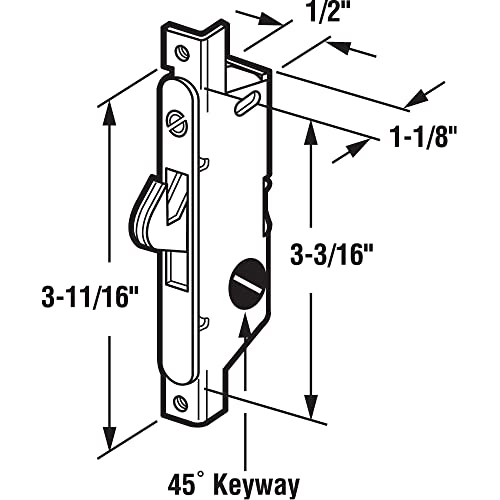 PRIME-LINE E 2121 Mortise Lock - Adjustable, Spring-Loaded Hook Latch Projection for Sliding Patio Doors Constructed of Wood, Aluminum and Vinyl, 3-11/16”, 45 Degree Keyway, Round Face , Zinc