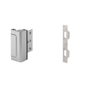 defender security satin nickel u 10827 door reinforcement lock –3” stop & u 10385 prime line door strike, for use with 5-1/2 in and 6 in hole spacing’s on dead latch and deadbolt, steel, satin nickel