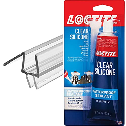 Prime-Line M 6258 Frameless Shower Door Bottom Seal – Stop Shower Leaks and Create a Water Barrier (3/8” x 36”, Clear Vinyl) & Loctite 908570 2.7 oz Tub Clear Silicone Waterproof Sealant, Single Tube