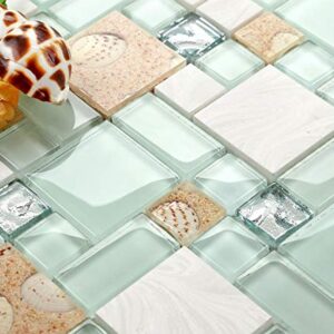 Glass Stone Mosaic Polished Beach Style Backsplash French Pattern Green Lake & White Bathroom Wall Tiles (5 Square Feet)