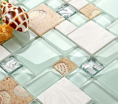 Glass Stone Mosaic Polished Beach Style Backsplash French Pattern Green Lake & White Bathroom Wall Tiles (5 Square Feet)