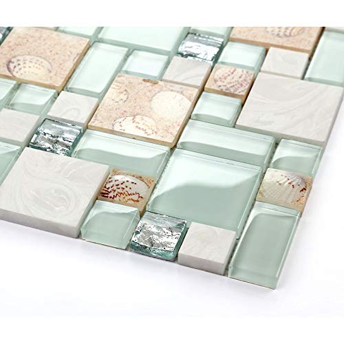 Glass Stone Mosaic Polished Beach Style Backsplash French Pattern Green Lake & White Bathroom Wall Tiles (5 Square Feet)