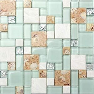 Glass Stone Mosaic Polished Beach Style Backsplash French Pattern Green Lake & White Bathroom Wall Tiles (5 Square Feet)