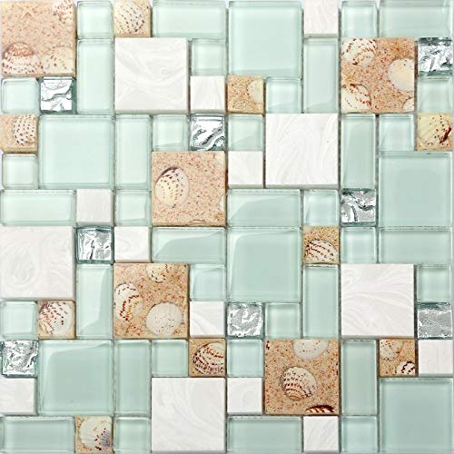 Glass Stone Mosaic Polished Beach Style Backsplash French Pattern Green Lake & White Bathroom Wall Tiles (5 Square Feet)