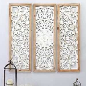 CASOLLY Carved Wood Wall Decor,Floral-Patterned Wooden Panels (Set of 3),Decorative Carved Wall Sculpture,39"x36"x1",for Living Room Bedroom Entrance Hall