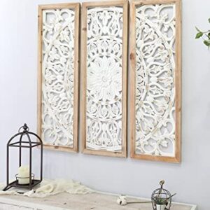 CASOLLY Carved Wood Wall Decor,Floral-Patterned Wooden Panels (Set of 3),Decorative Carved Wall Sculpture,39"x36"x1",for Living Room Bedroom Entrance Hall