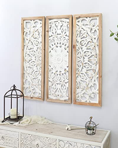 CASOLLY Carved Wood Wall Decor,Floral-Patterned Wooden Panels (Set of 3),Decorative Carved Wall Sculpture,39"x36"x1",for Living Room Bedroom Entrance Hall