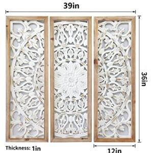 CASOLLY Carved Wood Wall Decor,Floral-Patterned Wooden Panels (Set of 3),Decorative Carved Wall Sculpture,39"x36"x1",for Living Room Bedroom Entrance Hall