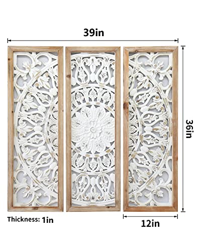 CASOLLY Carved Wood Wall Decor,Floral-Patterned Wooden Panels (Set of 3),Decorative Carved Wall Sculpture,39"x36"x1",for Living Room Bedroom Entrance Hall